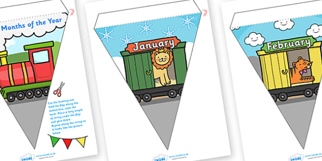👉 Months of the Year Animal Train Bunting with Weather Themed Backgrounds
