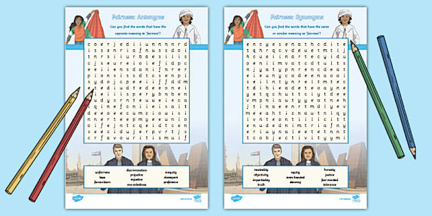 Synonym and Antonym Word Search - Fairness - Twinkl