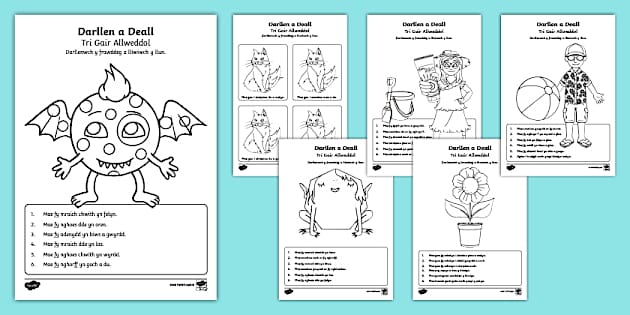 Taflenni Gweithgaredd Darllen a Deall Tri Gair Allweddol