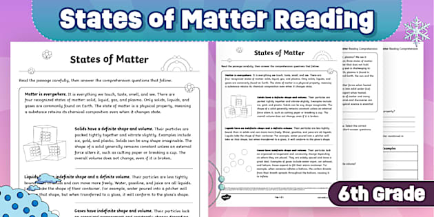 Sixth Grade States of Matter Reading Comprehension Worksheet