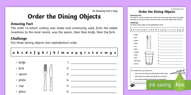 Dining Objects Alphabetical Order Worksheet / Worksheet