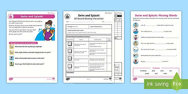 Level 3: 'Swim and Splash' 60-Second Reading Intervention Pack