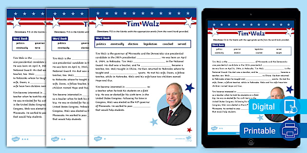 Fourth Grade Tim Walz Differentiated Cloze Reading Activity