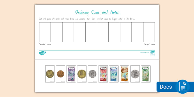 FREE NZ Ordering Coins and Notes Worksheet and Google Doc