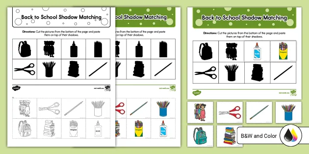 Back to School Shadow Matching Worksheet for K-2nd Grade