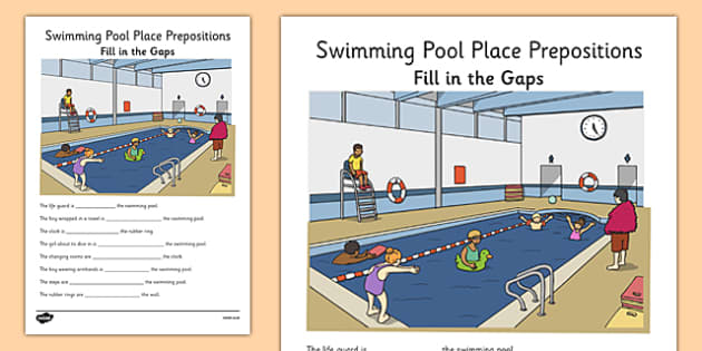 Swimming Pool Place Prepositions Fill in the Gaps - Twinkl