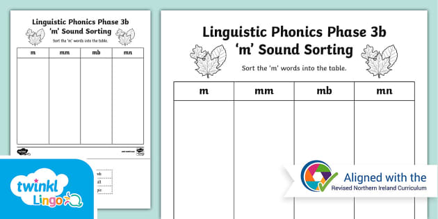 NI Linguistic Phonics Phase 3b 'm' Sound Sorting Activity