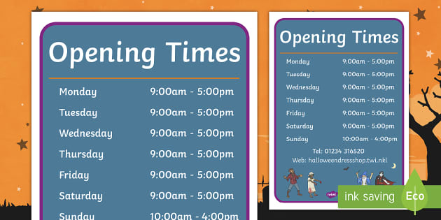 Halloween Fancy Dress Shop Role Play Opening Times - Twinkl