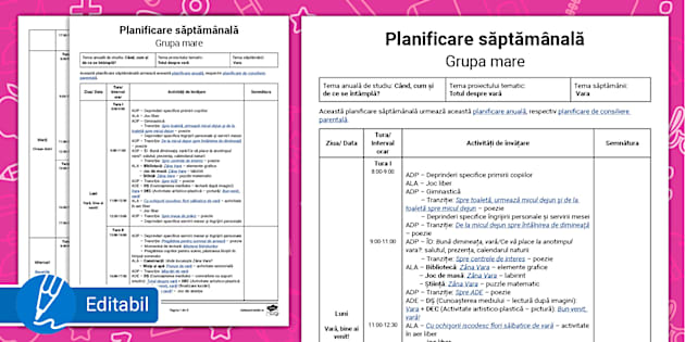 Vara – Model de planificare săptămânală grupa mare