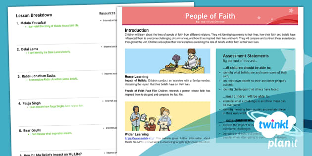 RE: People of Faith Year 4 Planning Overview