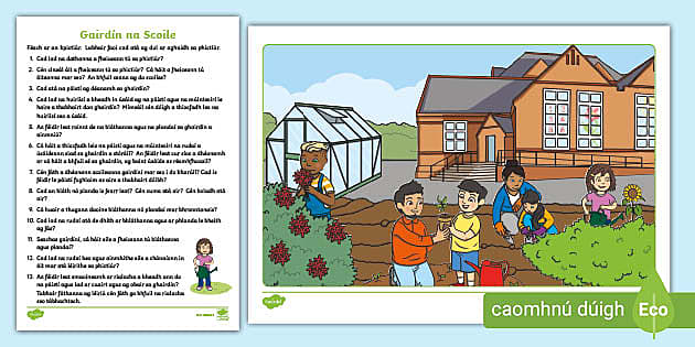 The School Garden Oral Language Worksheet Gaeilge - Twinkl