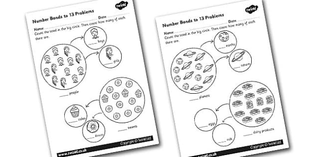 Number Bonds to 13 Problems Worksheet (teacher made)