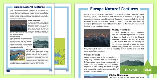 Europe Natural Features Reading Differentiated Comprehension Activity