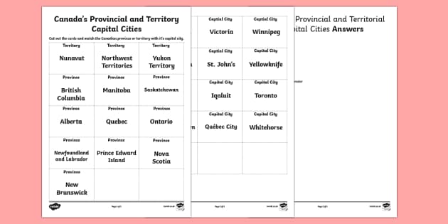 Canada's Provincial and Territorial Capital Cities Matching Cards