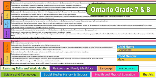 Ontario Report Card Writing Bank of Statements Grade 7 and 8