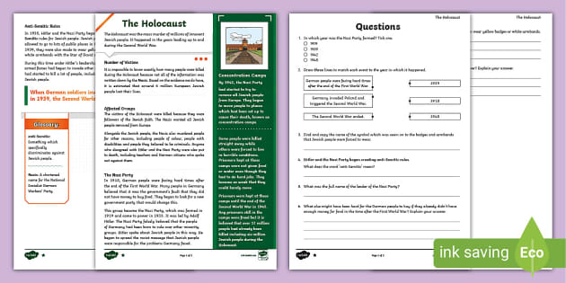 UKS2 The Holocaust Differentiated Reading Comprehension Activity