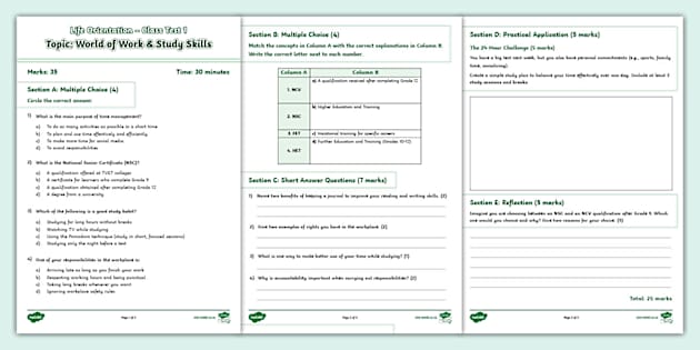 World of Work Grade 9 Life Orientation Class Test - Twinkl