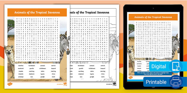 Animals of the Tropical Savanna Word Search for 6th-8th Grade