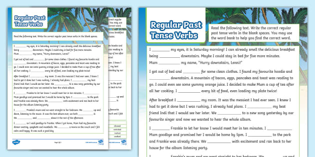 Regular Past Tense Verbs Cloze Worksheet (teacher made)