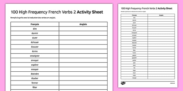 100 High Frequency French Verbs Worksheet / Worksheet 2, worksheet