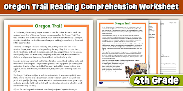 Fourth Grade Oregon Trail Reading Comprehension Worksheet