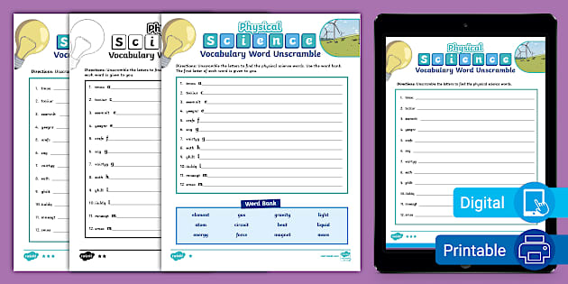 Tier 3 Physical Science Differentiated Word Unscramble