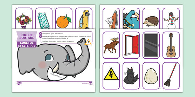 Sunetul și litera E: Hrănește elefantul – Joc sunet inițial