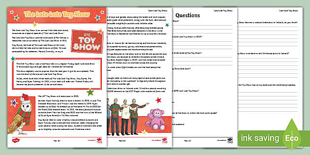 The Late Late Toy Show Reading Comprehension (teacher made)