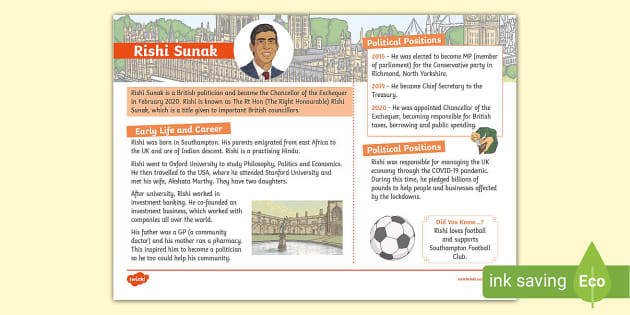 Rishi Sunak Fact File - KS2 (Hecho por educadores) - Twinkl