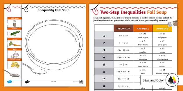 Seventh Grade Two-Step Inequalities Fall Soup Cut and Paste