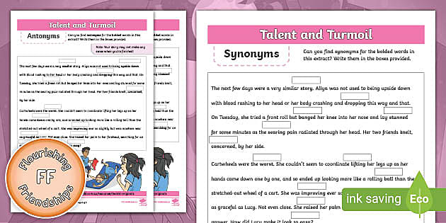 Synonyms and Antonyms Worksheets for Talent and Turmoil