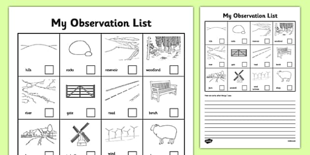 Local Walk Observation Sheets - Local area walk, countryside, reservoir