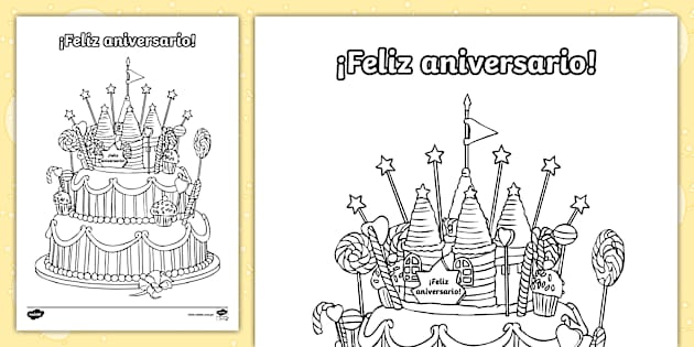 Torta de aniversario del colegio para colorear - Twinkl