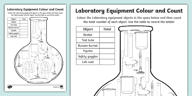 Laboratory Equipment Colour and Count Worksheet - Twinkl