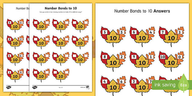 Autumn Leaf Number Bonds to 10 Worksheet / Worksheet