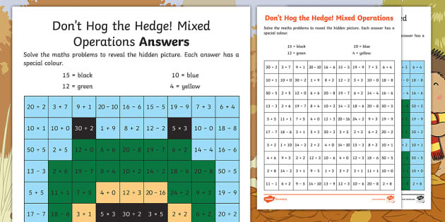 Don't Hog the Hedge! Mixed Operations Maths Mosaic Worksheet / Worksheet