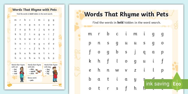 Words That Rhyme with Pets Word Search (teacher made)