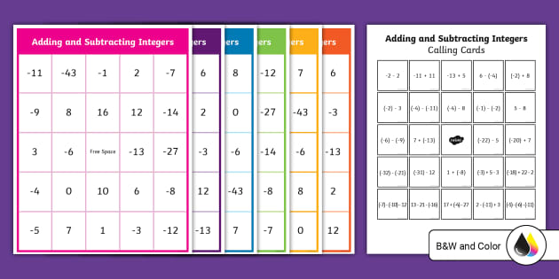 Adding And Subtracting Positive And Negative Integers Bingo