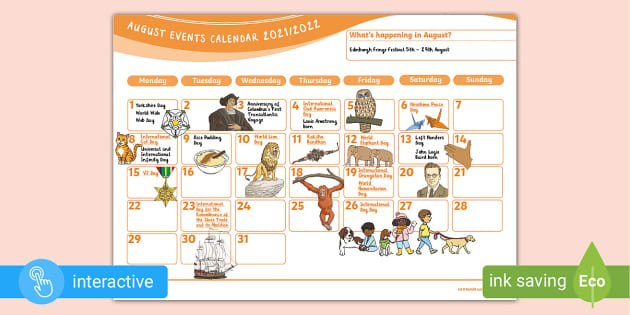 August Events Calendar 2022 (Teacher-Made) - Twinkl