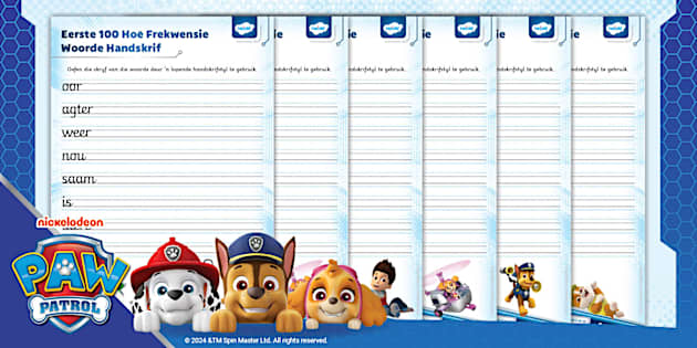 PAW Patrol: Eerste 100 Hoë Frekwensie Woorde Handskrif Aktiwiteitsblaaie