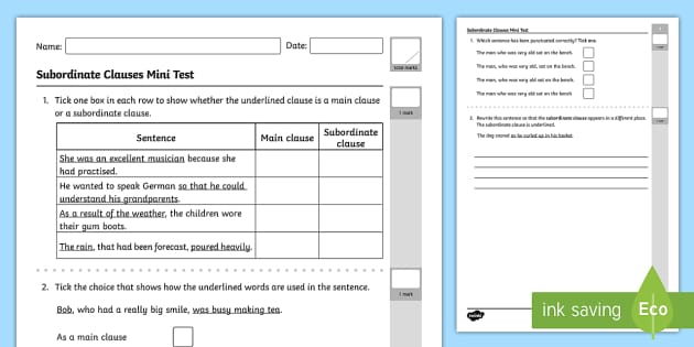 Subordinate Clauses Test (teacher made) - Twinkl