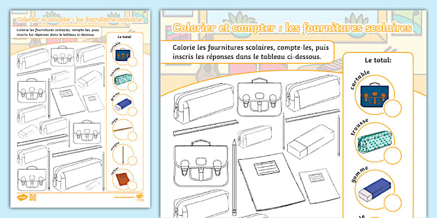 Colorier et compter : les fournitures scolaires - Twinkl