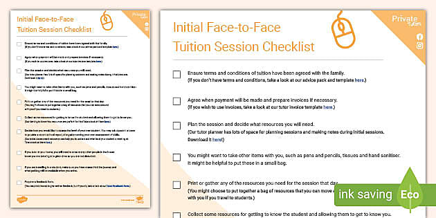 Initial Face-to-Face Tuition Session Checklist - Twinkl