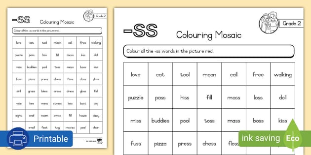 Grade 2 Phonics: Colouring Mosaic -ss (teacher made)
