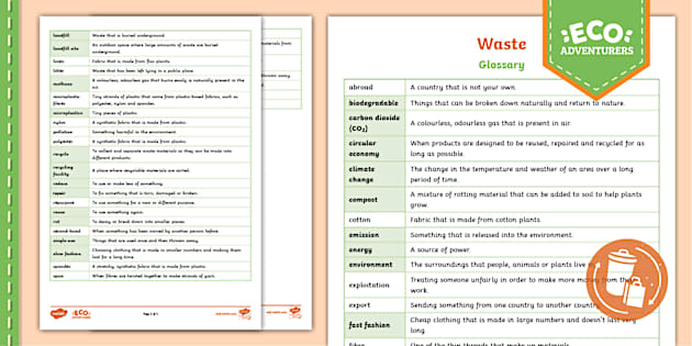 Year 4 Waste: Key Vocabulary Glossary (Lehrer gemacht)
