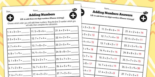 Adding Three One Digit Numbers Lesson 4 Choose Strategy Worksheet