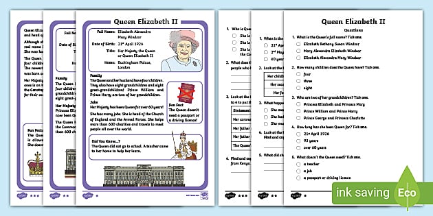 * NEW * KS1 Queen Elizabeth II Differentiated Reading Comprehension ...