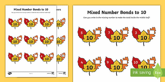Autumn Leaf Mixed Number Bonds to 10 Worksheet / Worksheet