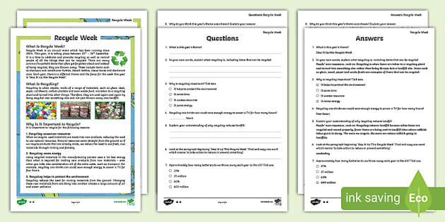 UKS2 Recycle Week Differentiated Reading Comprehension Activity