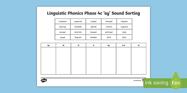 Linguistic Phonics Phase 4c 'ay' Sound Sorting Worksheet